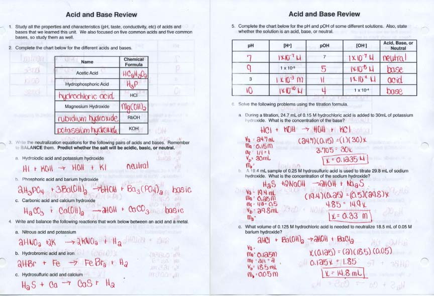 Unit 8 Acids And Bases, Acid And Base Worksheet Answers | Free ...