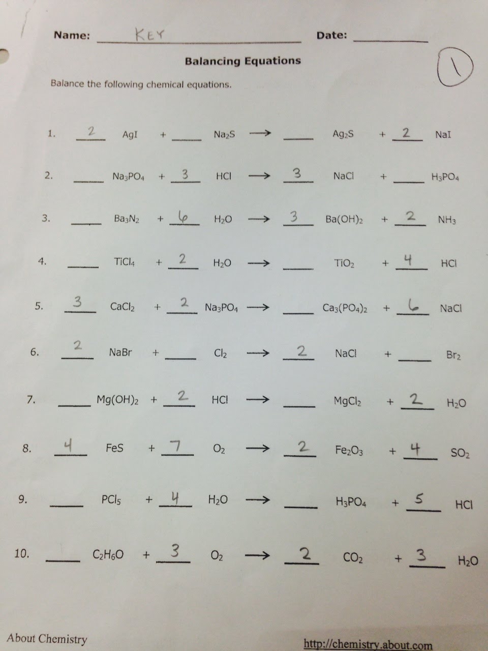 Balancing Equations Worksheets And Answers