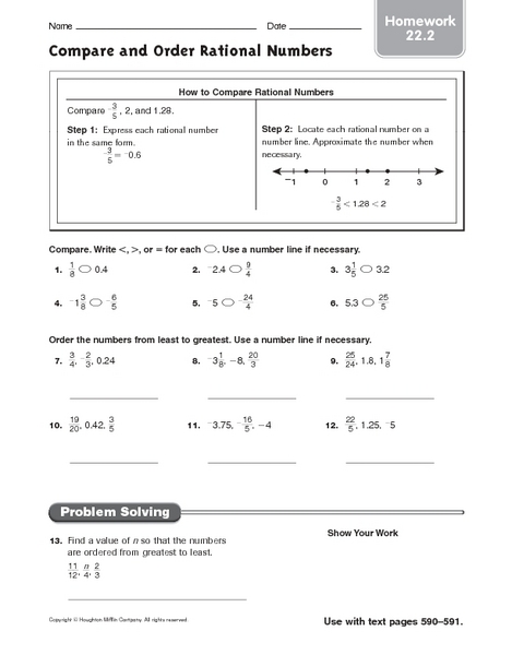 Comparing Rational Numbers Worksheets