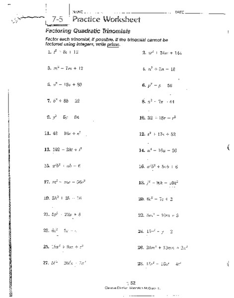 Factoring Trinomials Worksheets