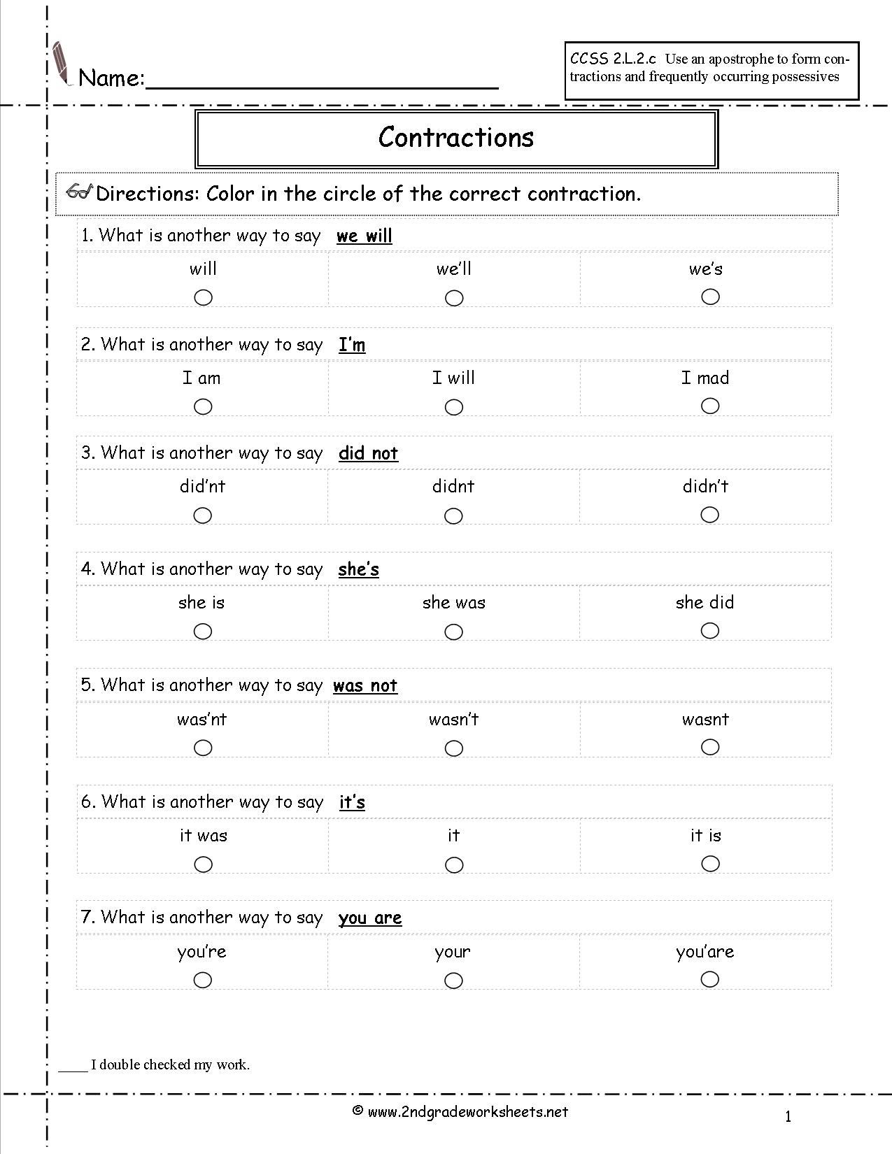 2nd Grade Contractions Worksheets