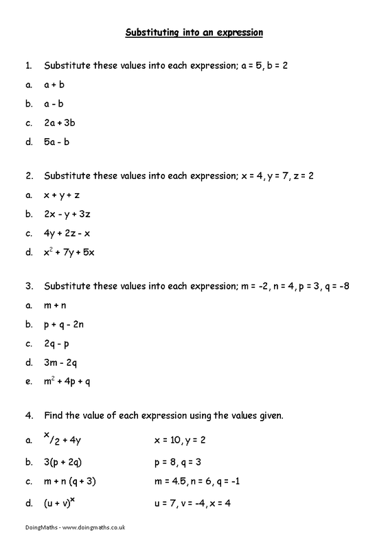 Algebra Substitution Worksheets