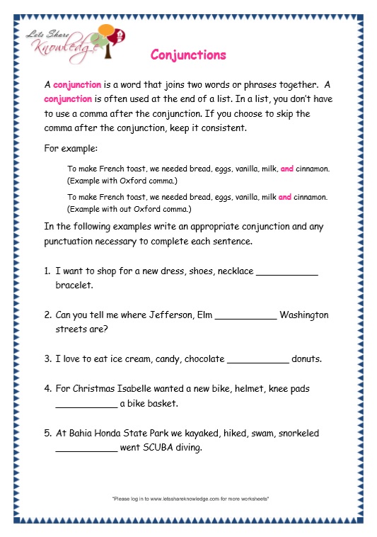 Grade 3 Grammar Topic 19 Conjunctions Worksheets | Free Worksheets Samples