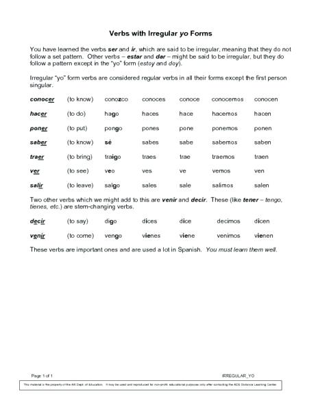 Irregular Yo Verbs Worksheets