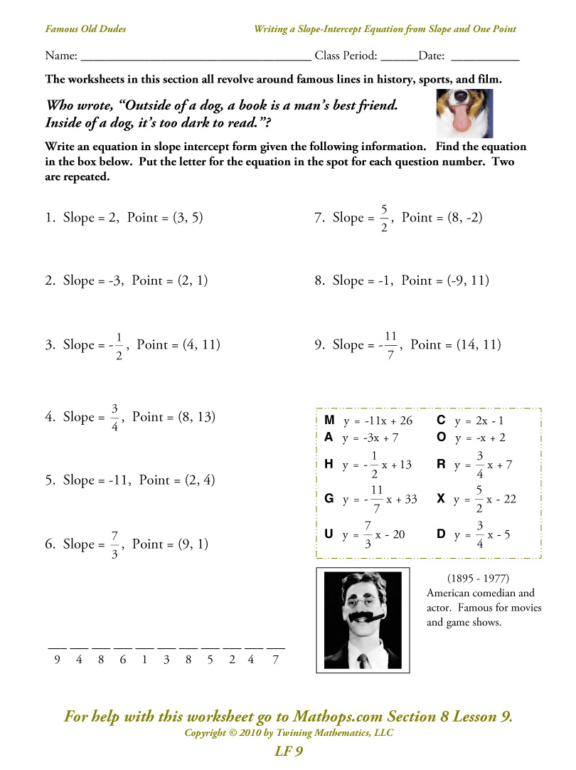 Math Worksheets Slope Intercept Form