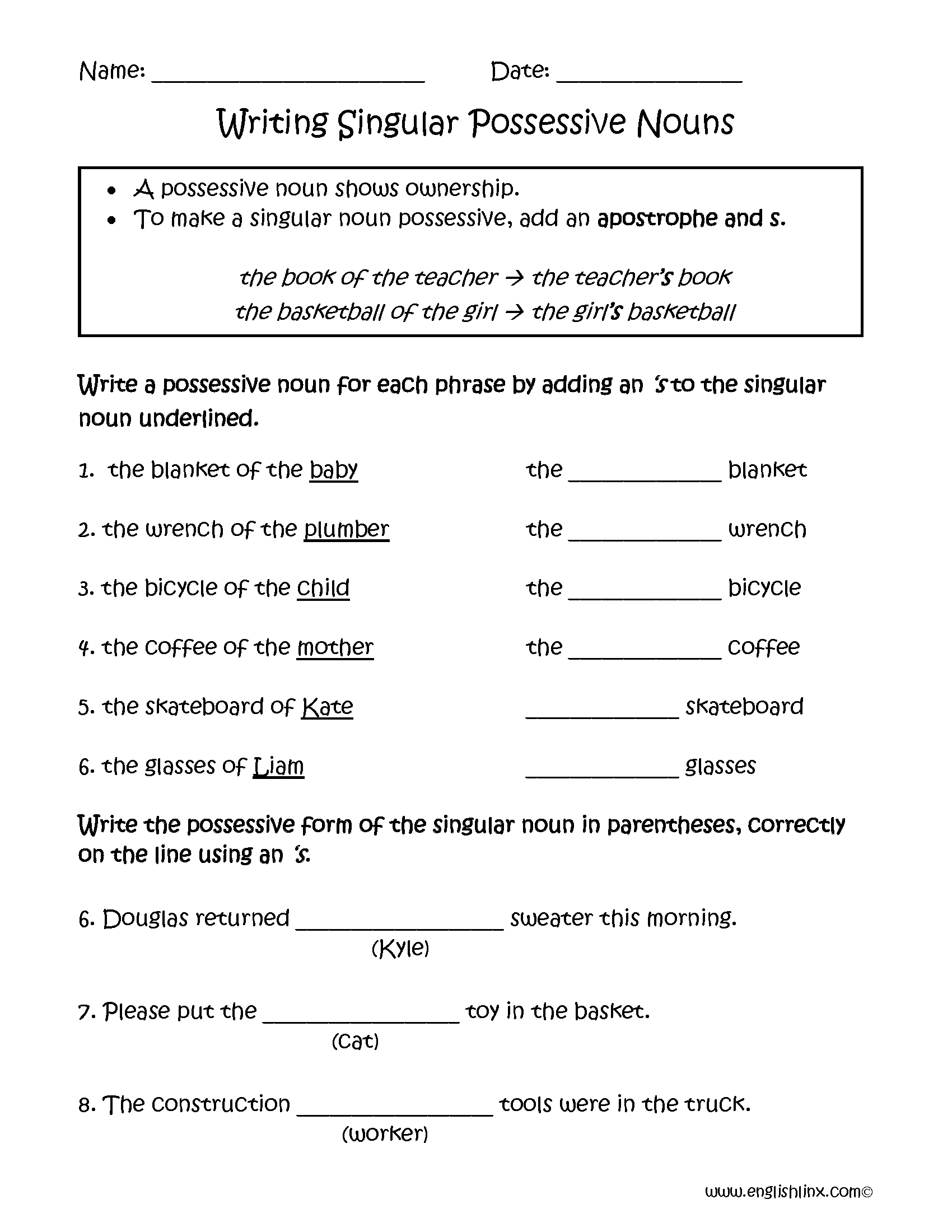 Possessive Pronouns Worksheets For 2nd Grade