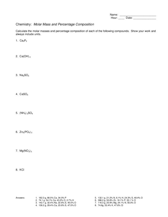 Percent Composition Of A Compounds Worksheet With Answers | Free ...