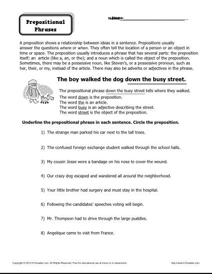 Prepositional Phrases Worksheets 7th Grade