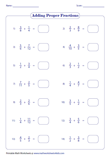 Proper Fractions Addition Different Denominators | Free Worksheets Samples