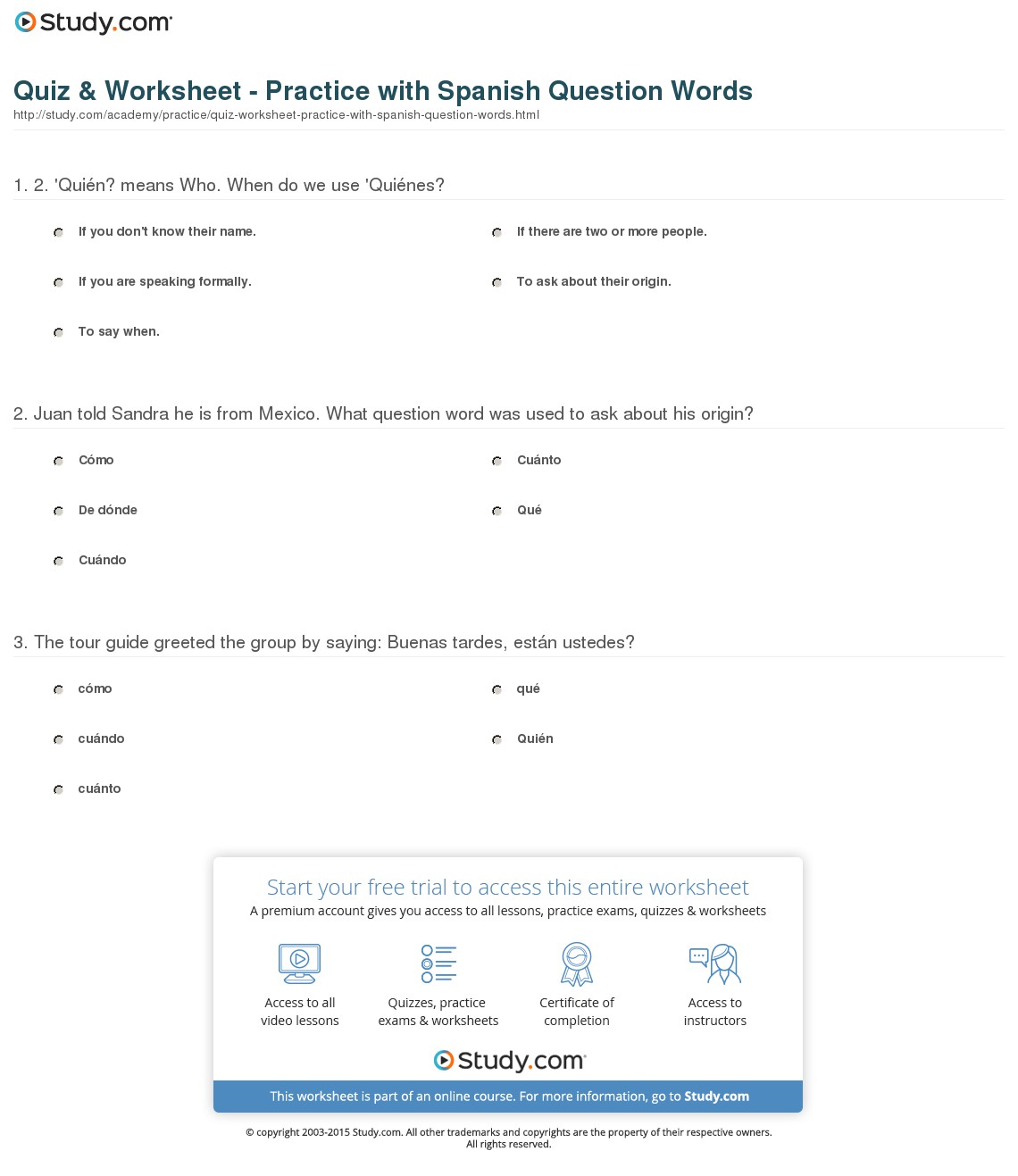 Spanish Question Words Worksheets
