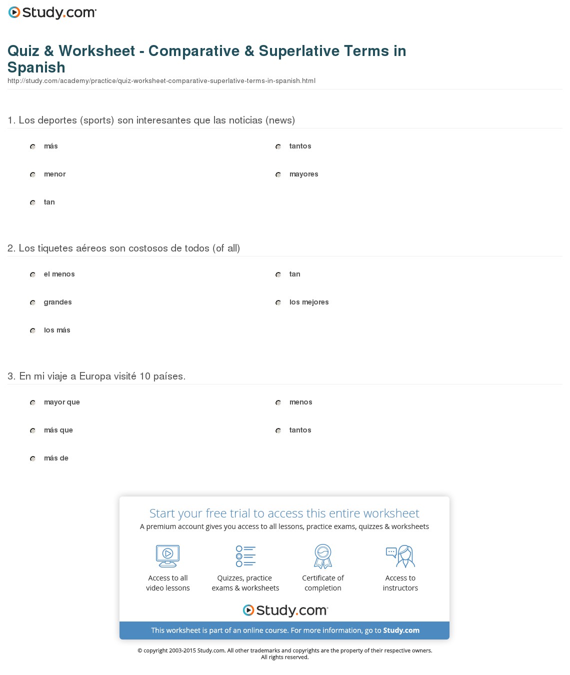 Spanish Superlatives Worksheets