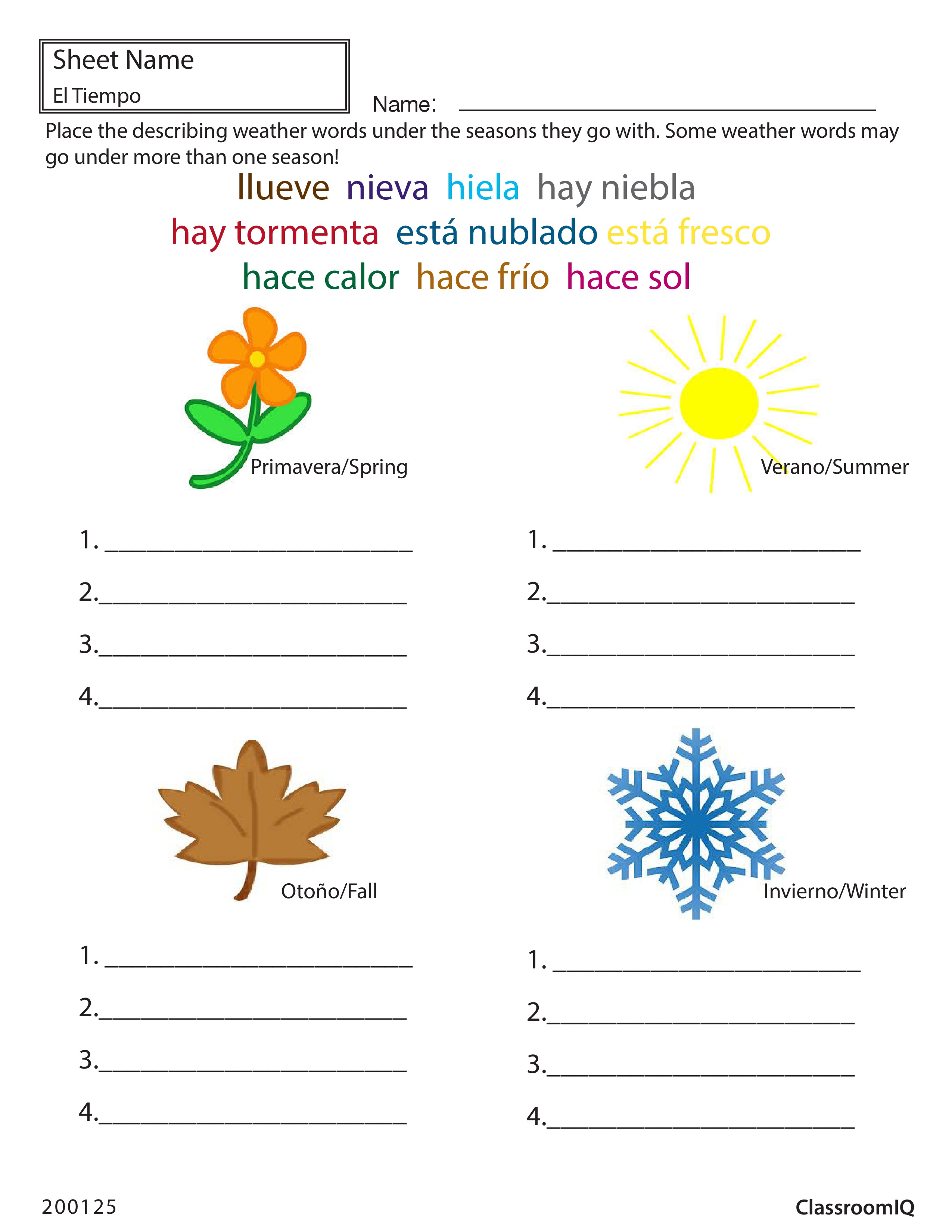 Spanish Seasons Worksheets