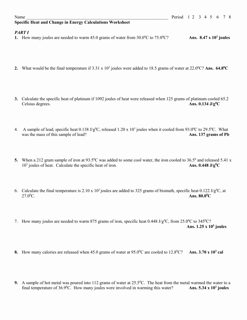 Calculating Specific Heat Worksheets