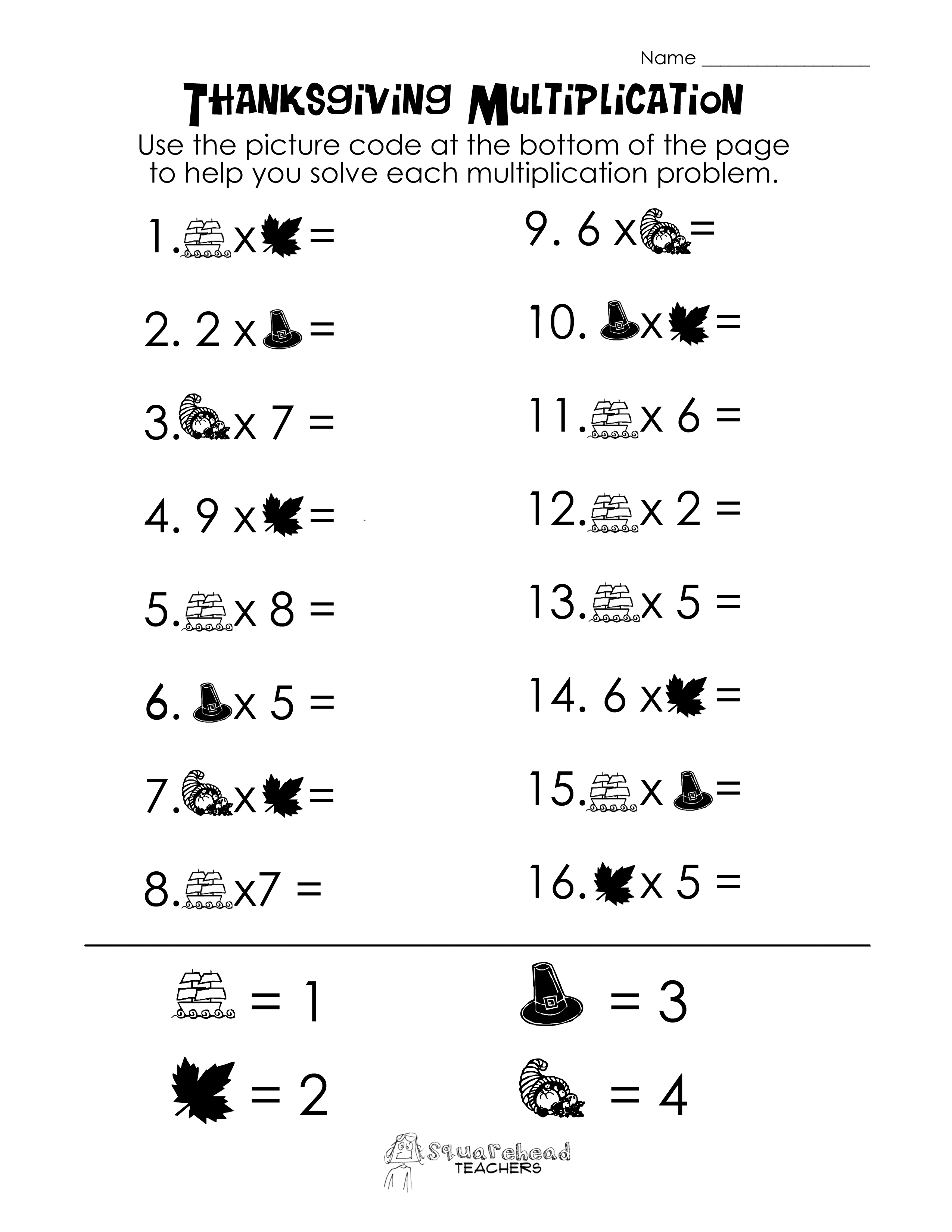 Multiplication Thanksgiving Worksheets