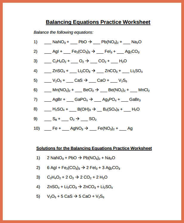 Balancing Equations Practice Worksheets