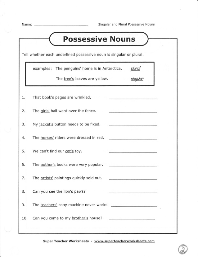 4th Grade Plural Possessive Nouns Worksheets