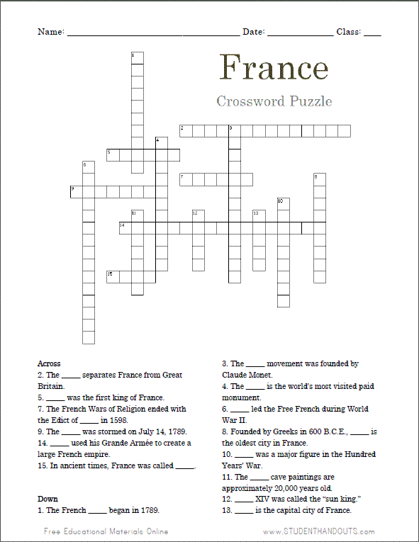France Crossword Puzzle | Free Worksheets Samples