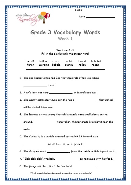Grade 3 Vocabulary Worksheets Week 1 | Free Worksheets Samples