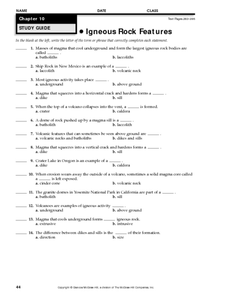 Igneous Rocks Worksheets