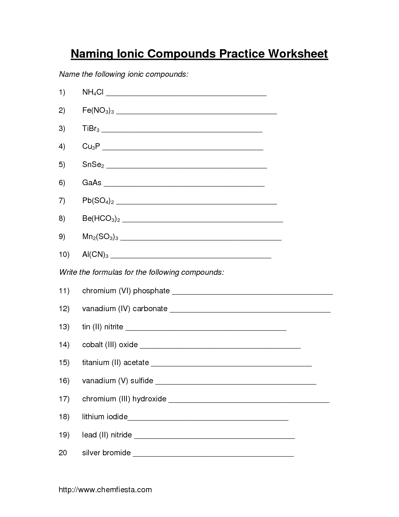 Chemistry Naming Ionic Compounds Worksheets
