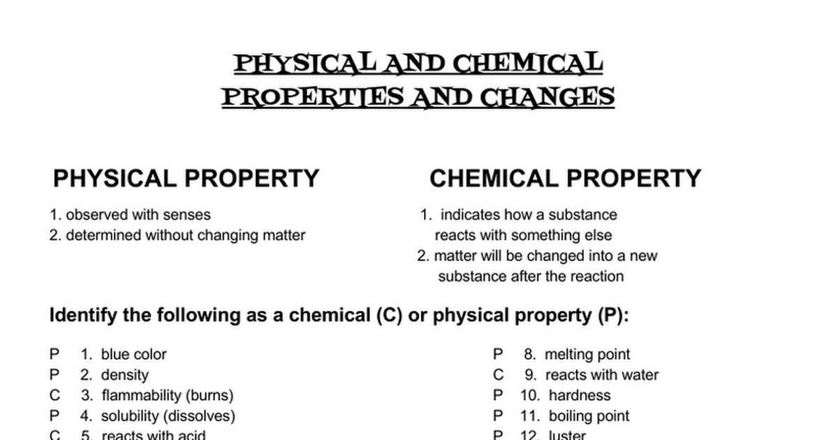 Physical And Chemical Properties Worksheets Answers