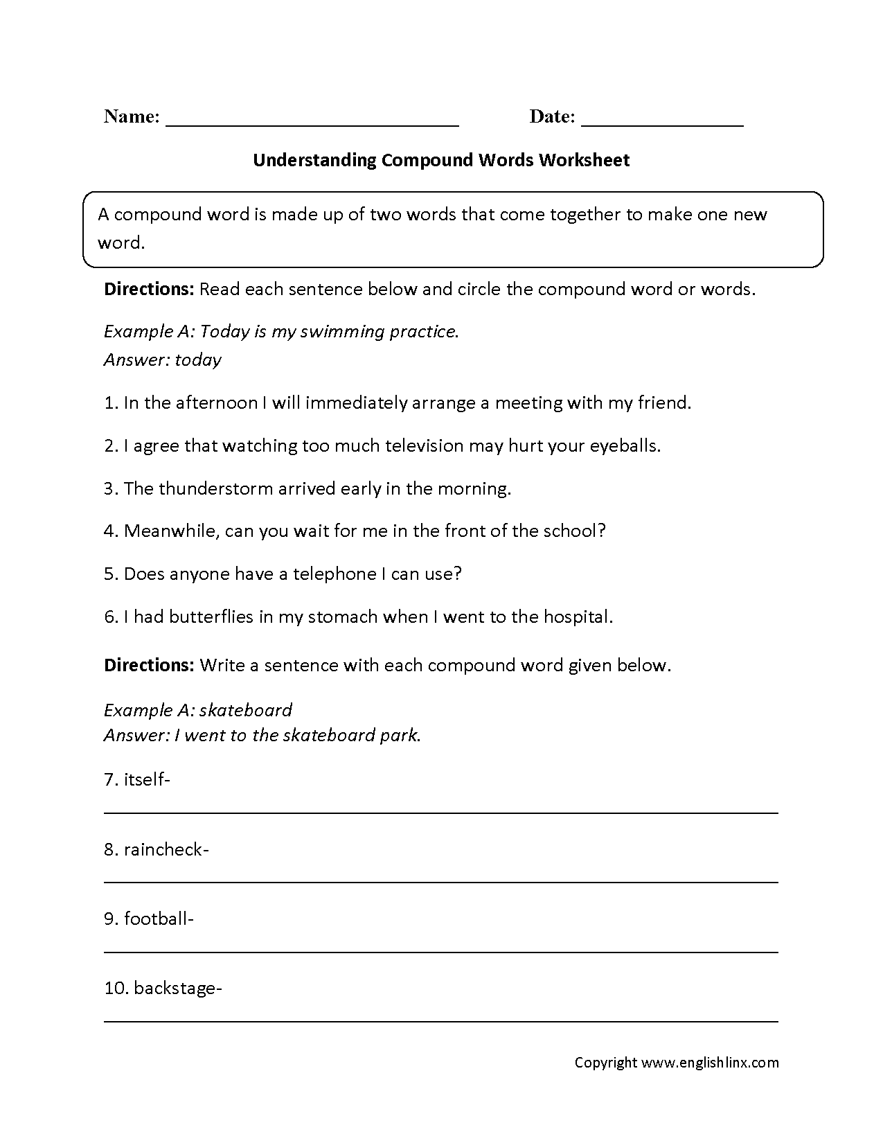 Compound Words Worksheet Grade 6 | Free Worksheets Samples