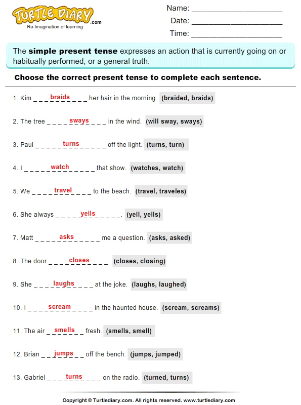 Present Tense Worksheets For Grade 4