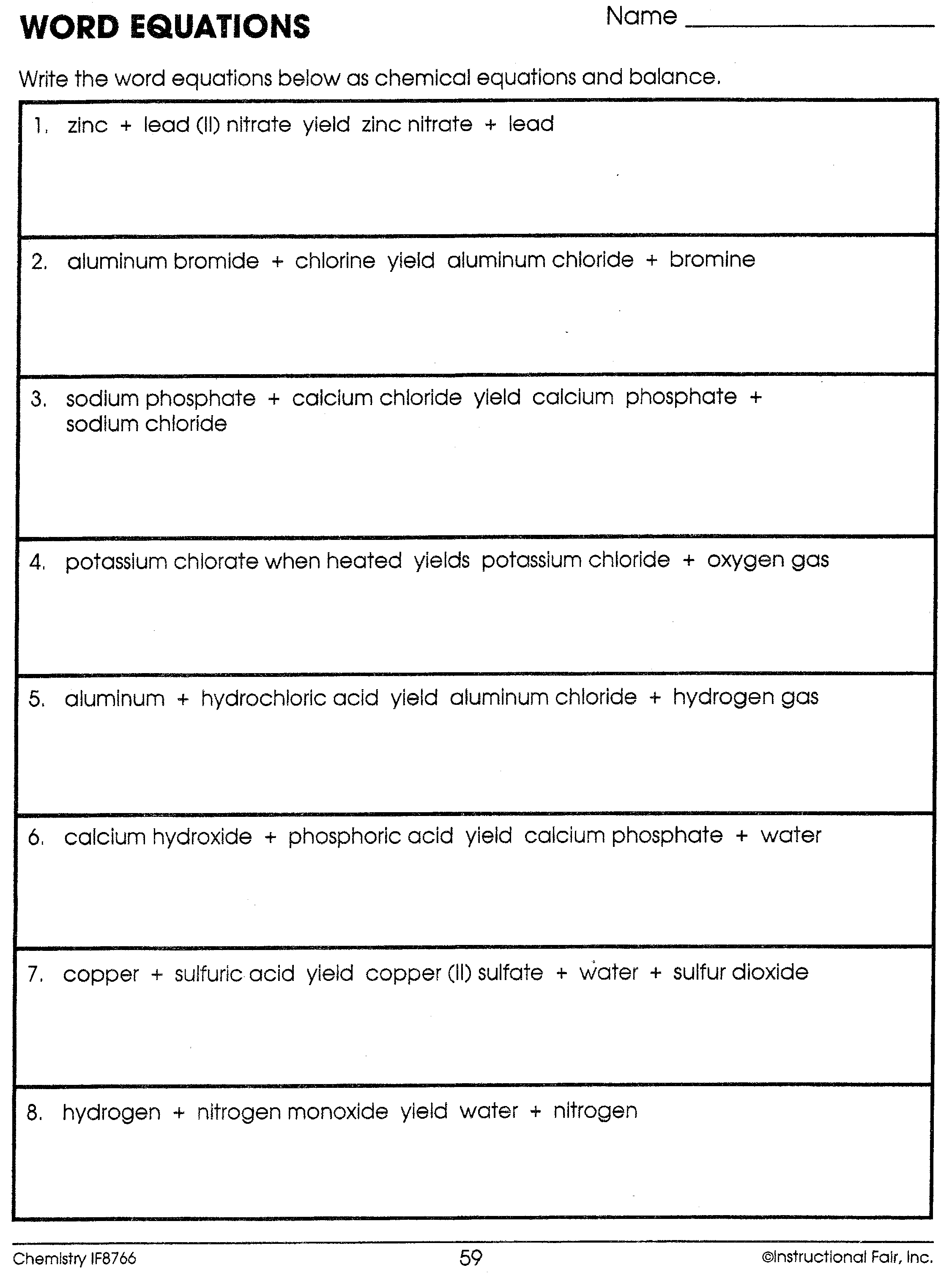Word Equations Into Chemical Equations Worksheet | Free Worksheets Samples