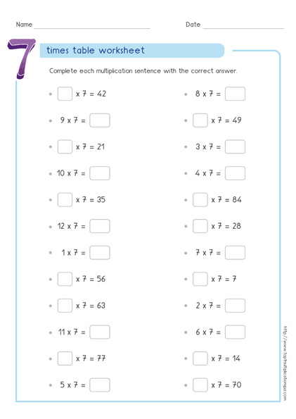 Seven Times Tables Practice | Free Worksheets Samples