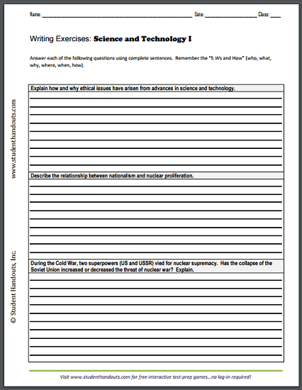 Science And Technology Writing Exercises Handouts | Free Worksheets Samples