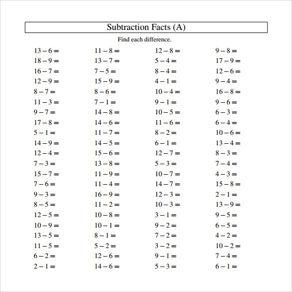 Subtraction Horizontal Worksheets
