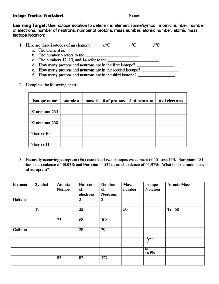 Printables Of Isotope Practice Worksheet | Free Worksheets Samples