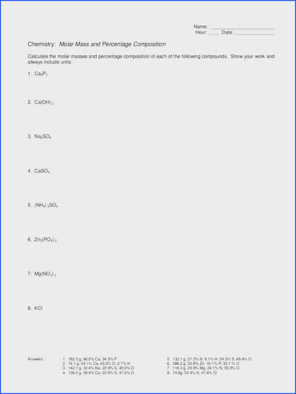 Percentage Composition Worksheets Answer Key
