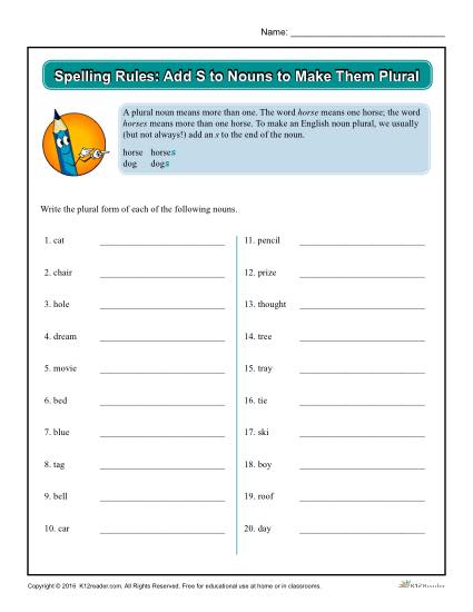Plural Nouns Adding S Worksheets