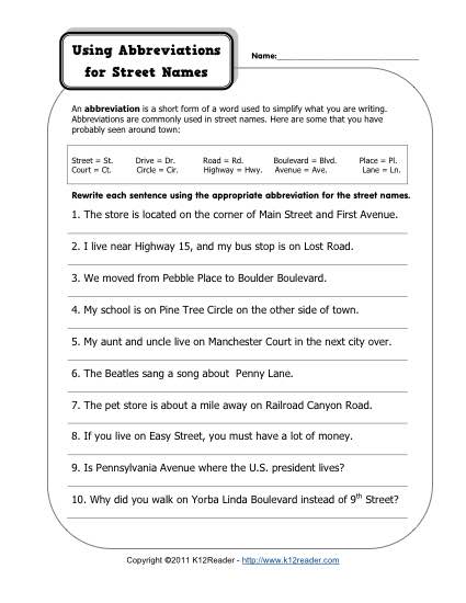 Abbreviations Worksheets 4th Grade