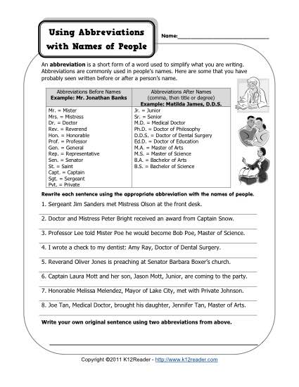 Abbreviations Worksheets 4th Grade