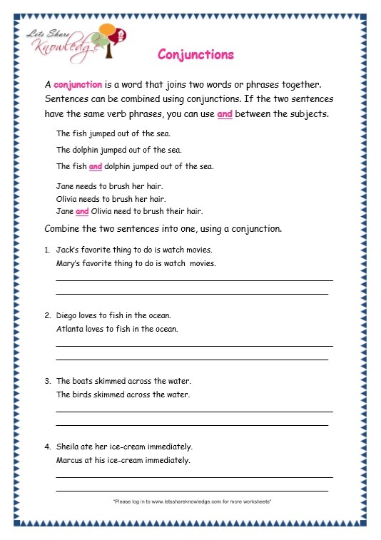Grade 3 Grammar Topic 19 Conjunctions Worksheets | Free Worksheets Samples