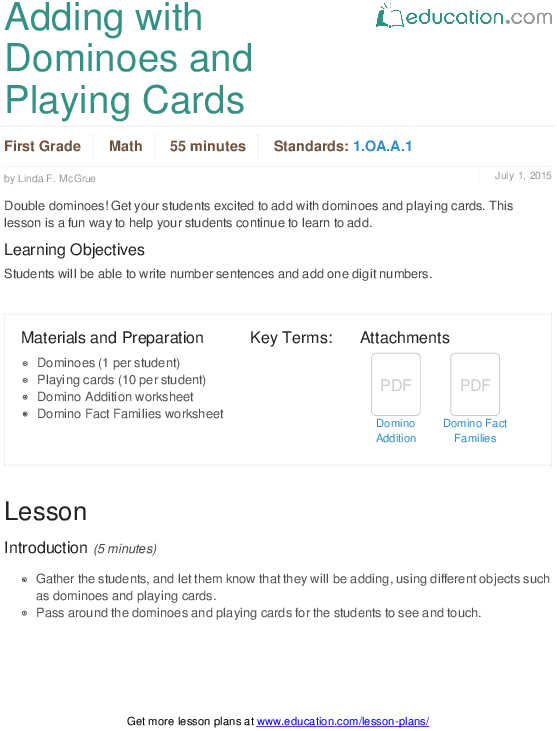 Adding With Dominoes And Playing Cards | Free Worksheets Samples