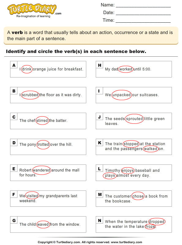 Identify The Verbs In A Sentence Worksheet | Free Worksheets Samples