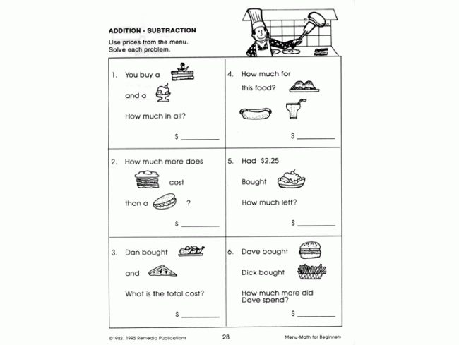 Restaurant Menu Math Worksheets