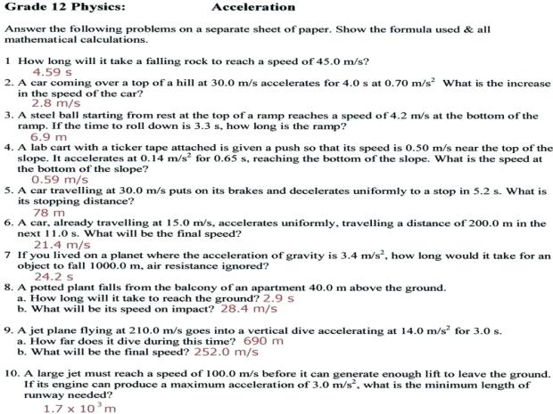 Acceleration Calculations Worksheets
