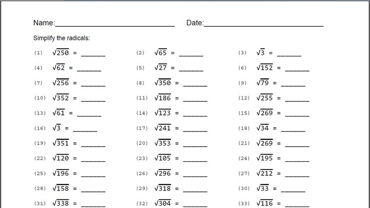 Worksheets On Radicals