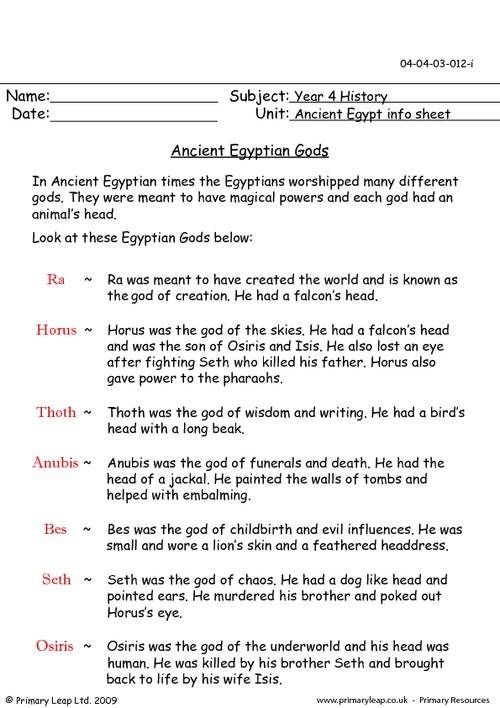 Egyptian Gods Worksheets