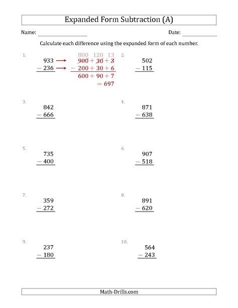 Expanded Form Subtraction Worksheets