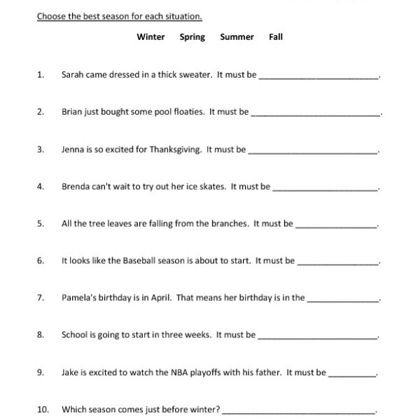 First Grade Seasons Worksheet 05 â One Page Worksheets | Free ...