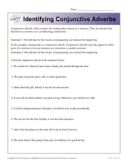 Identifying Conjunctive Adverbs | Free Worksheets Samples