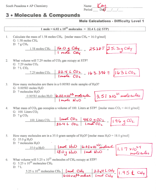 Mole Conversions Worksheets Answer Key