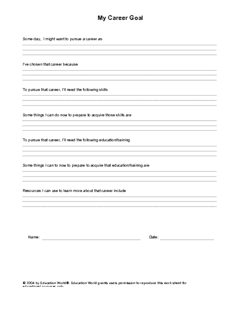 Career Goals Worksheets