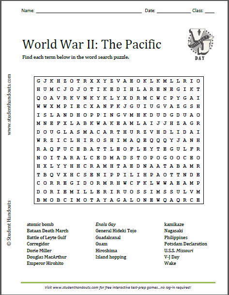 World War Ii In The Pacific Word Search Puzzle | Free Worksheets Samples