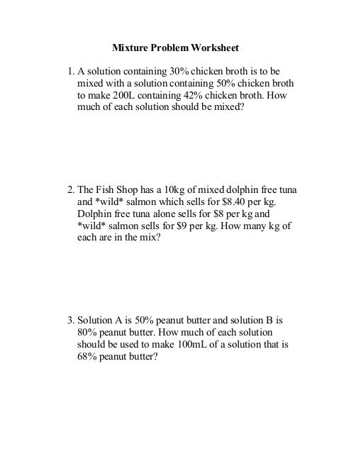 Mixture Problems Worksheets